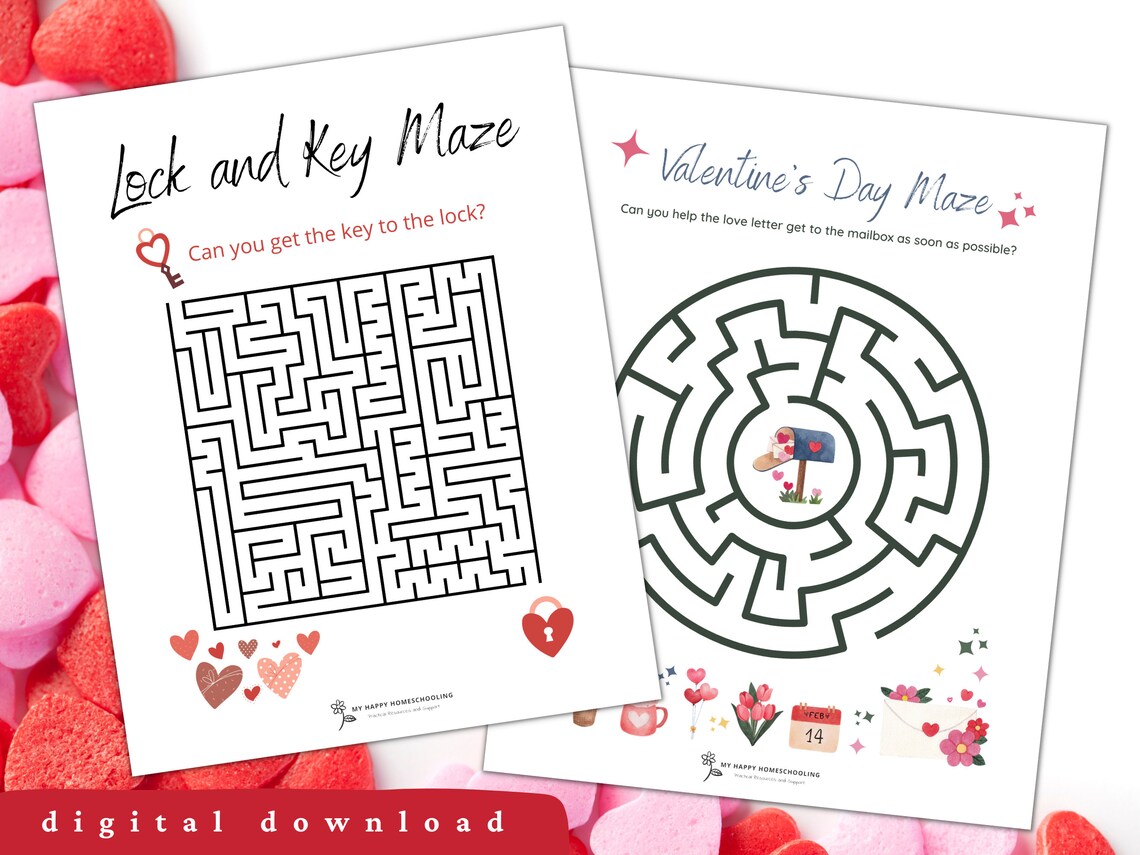 Valentine's Day Maze Collection, Valentine Maze Printable, Valentine's ...