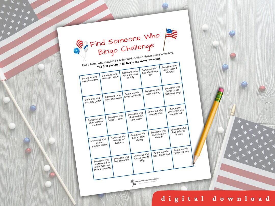 4th of July Bingo find Someone Who Printable Activity Page for Kids ...