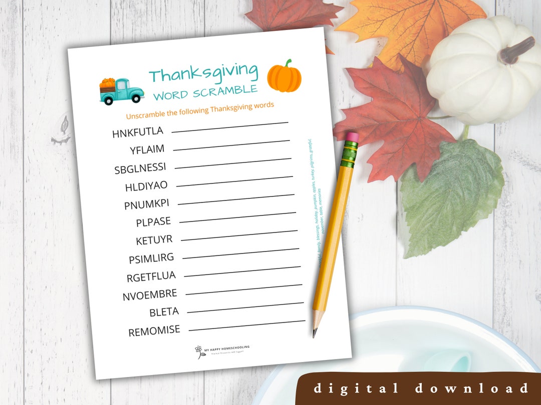 Thanksgiving Word Scramble Game for Kids, Thanksgiving Games ...