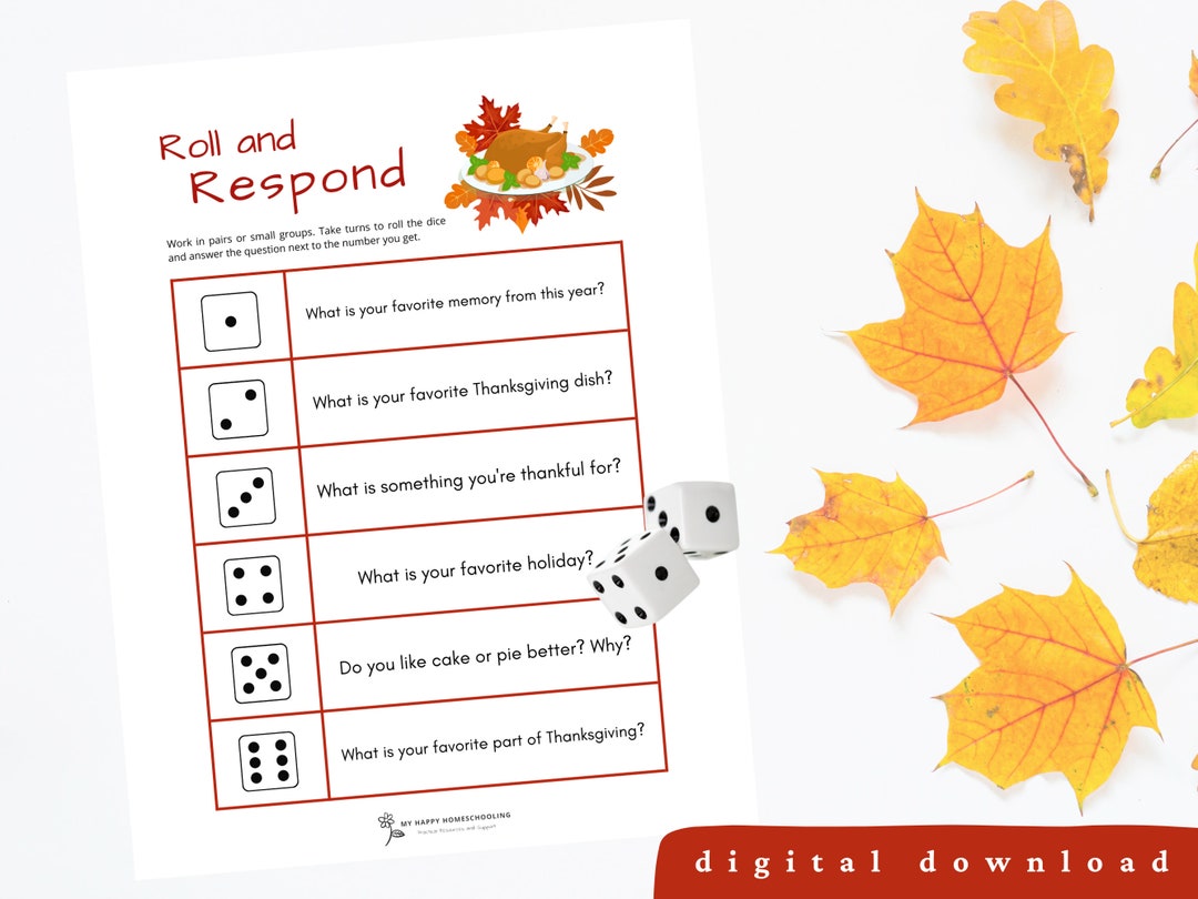 Thanksgiving Roll-and-respond Printable Dice Game Activity Page for ...