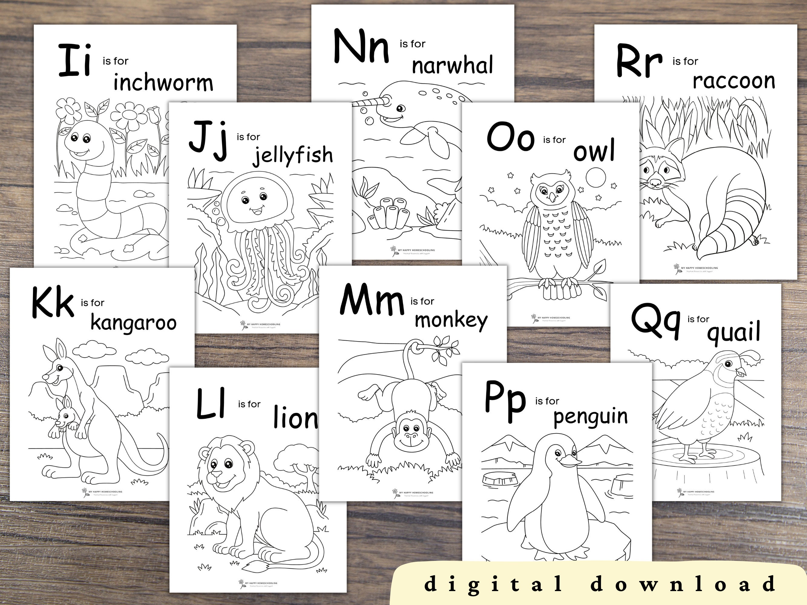 Animal Alphabet Coloring Book Pages, Alphabet Coloring Sheets, Animal ...