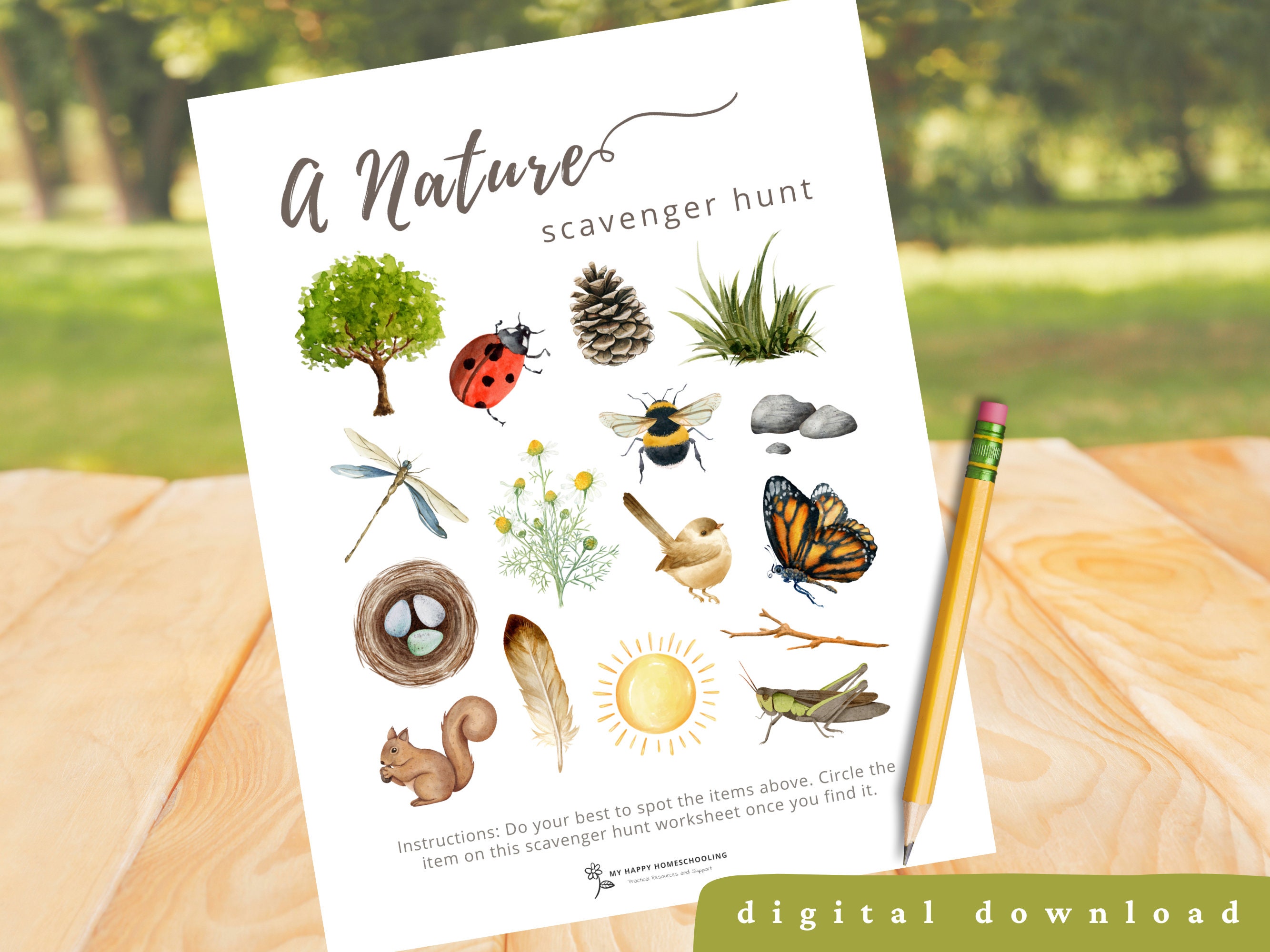 Printable Nature Scavenger Hunt for Kids, Watercolor Full Color for ...