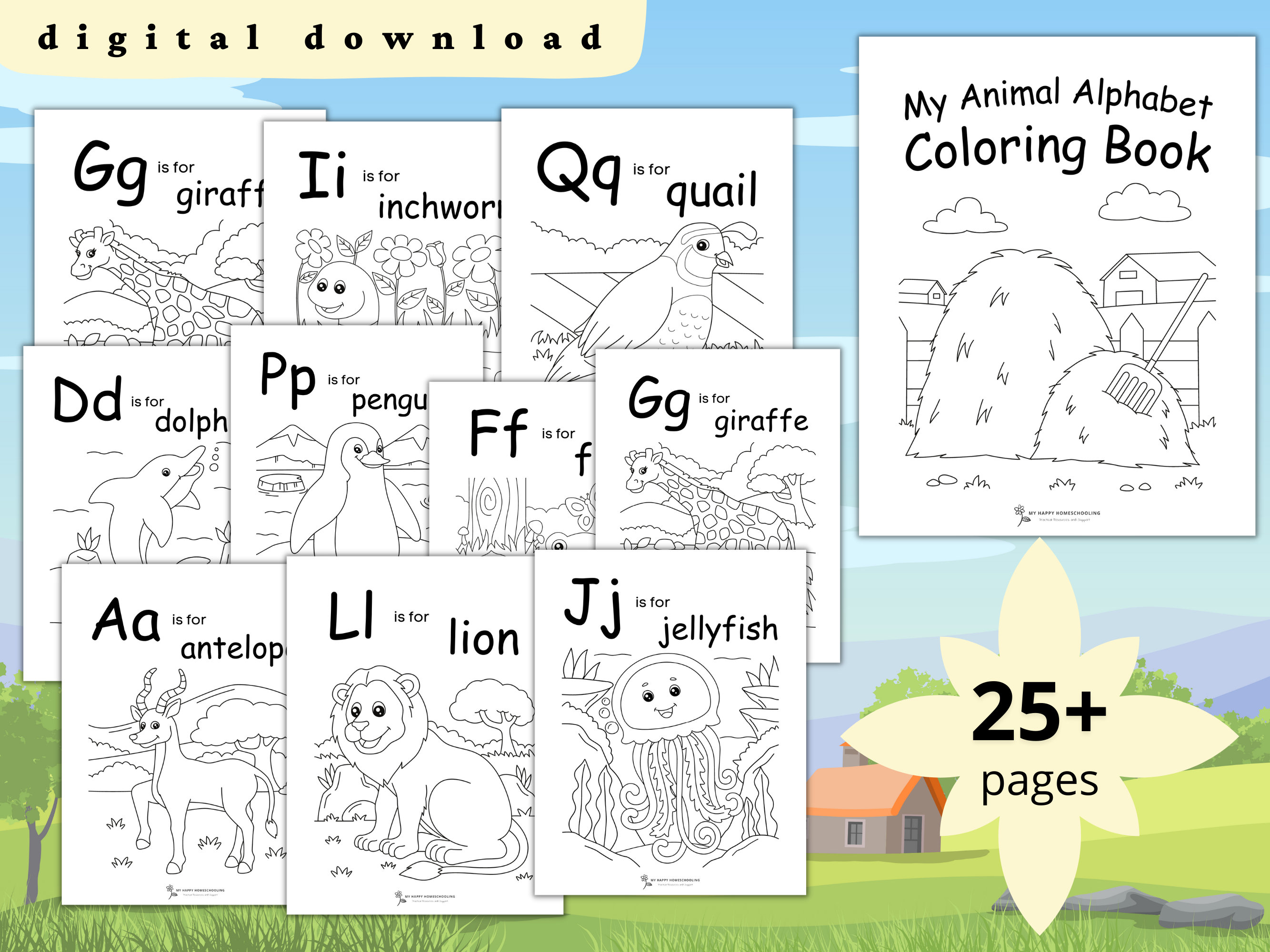Animal Alphabet Coloring Book Pages, Alphabet Coloring Sheets, Animal ...