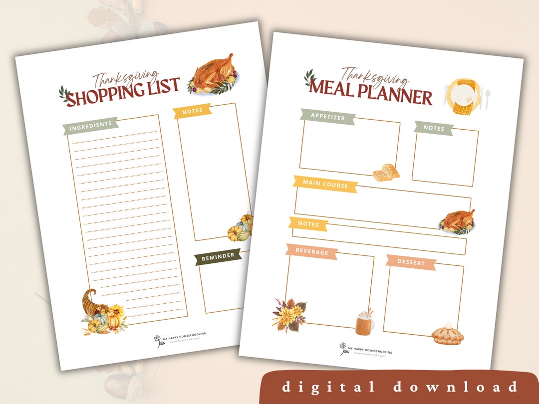 Digital Thanksgiving Meal Plan and Shopping List Printable ...