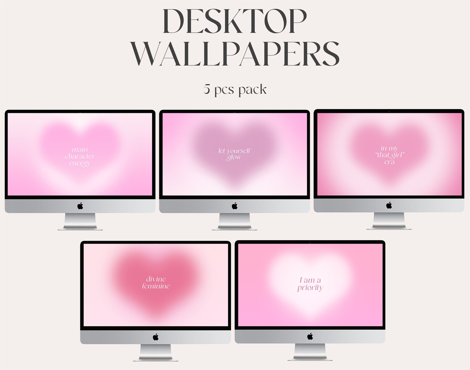 Feminine Wallpapers, Bundle of 5 Gradient Wallpapers, Heart Theme ...