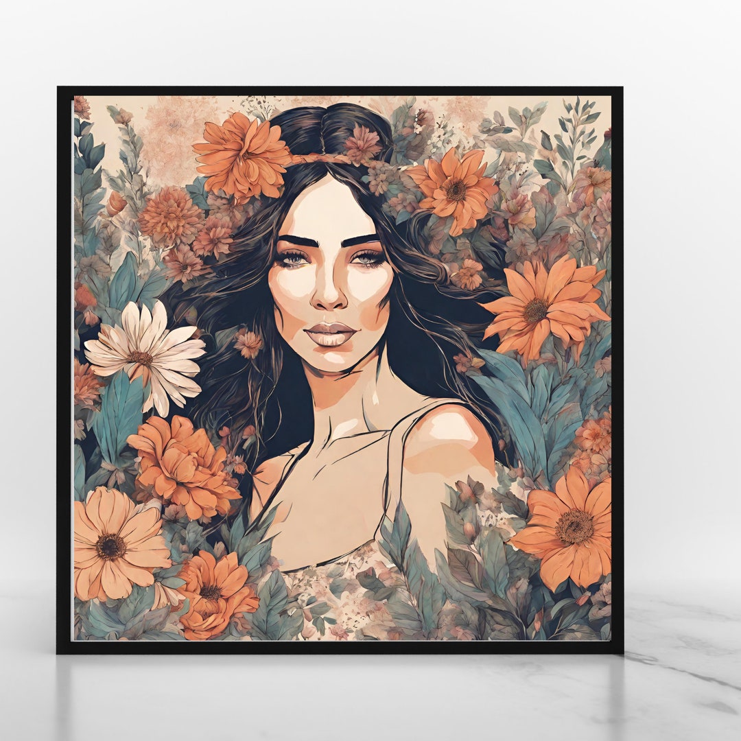 Floral Woman Art Print: Minimalist Boho Portrait (digital Download) - Etsy