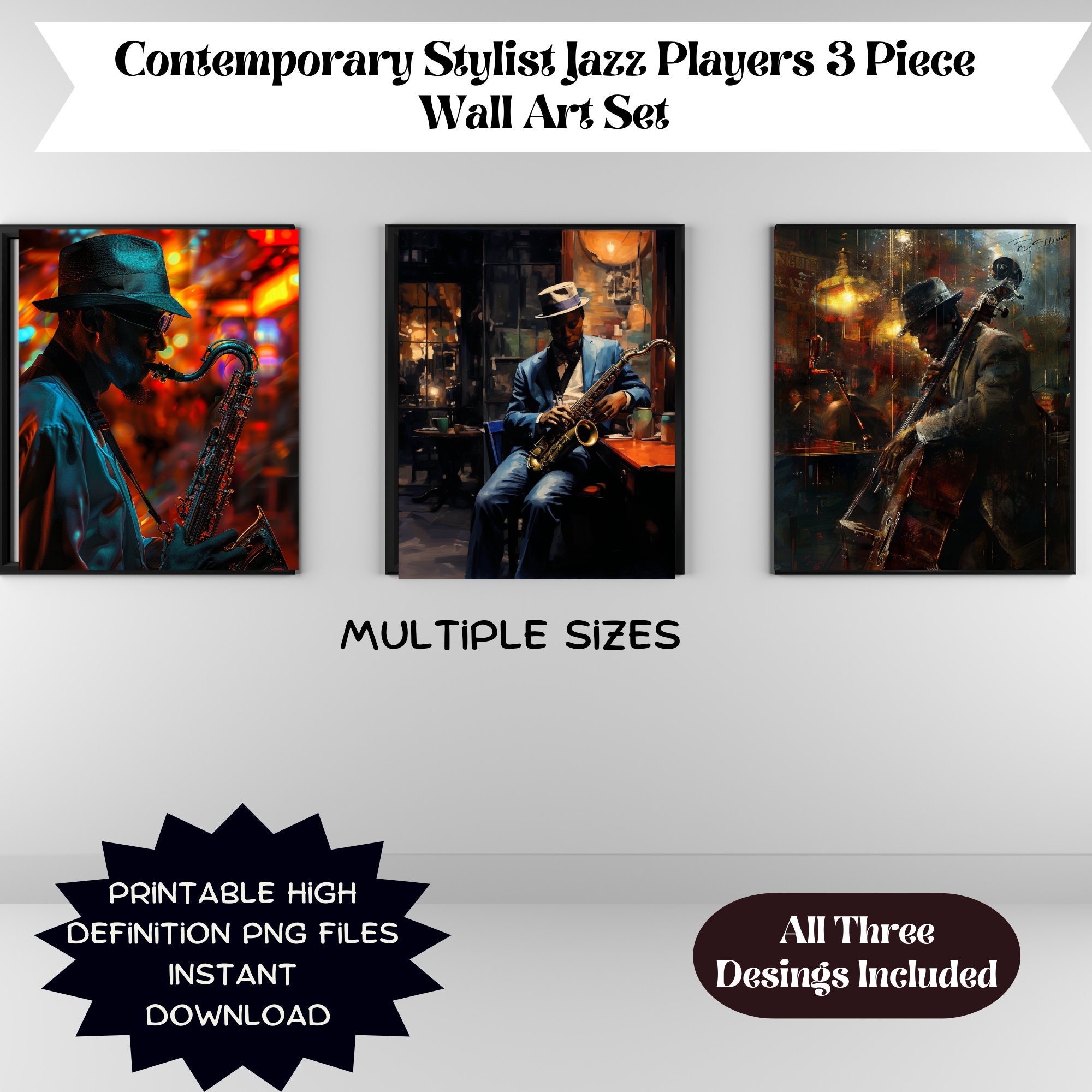 Modern Jazz Stylish Musician Trio Wall Art Set. Printable Abstract Jazz ...