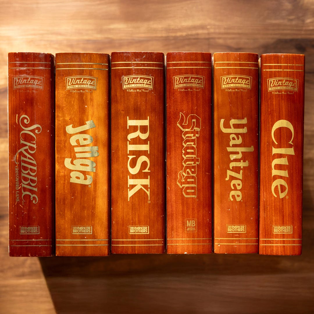 Vintage Bookshelf Board Game Set – Risk, Clue, Jenga, Yahtzee, Scrabble ...