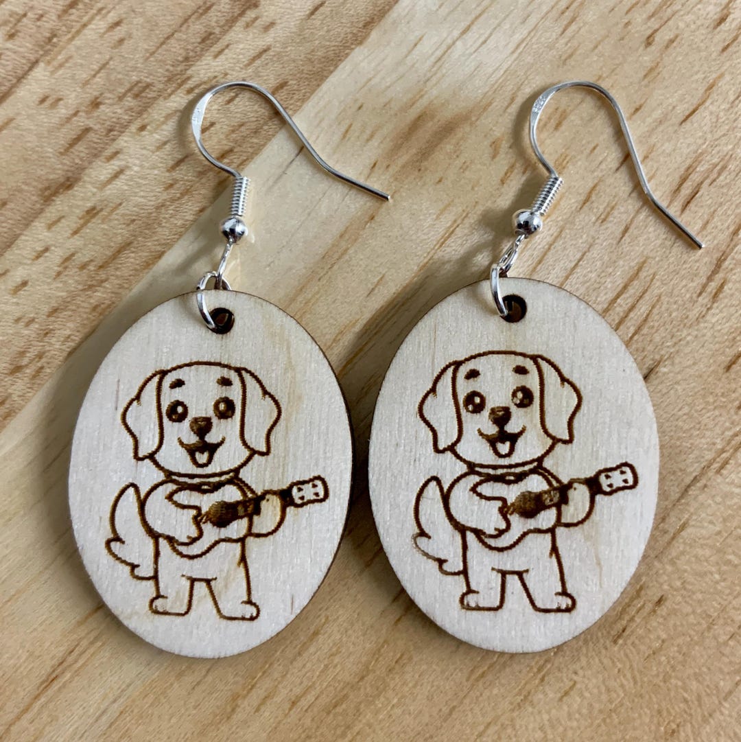 Dogs With Guitar and Banjo Wooden Earrings (w/ Sterling Silver Hooks ...