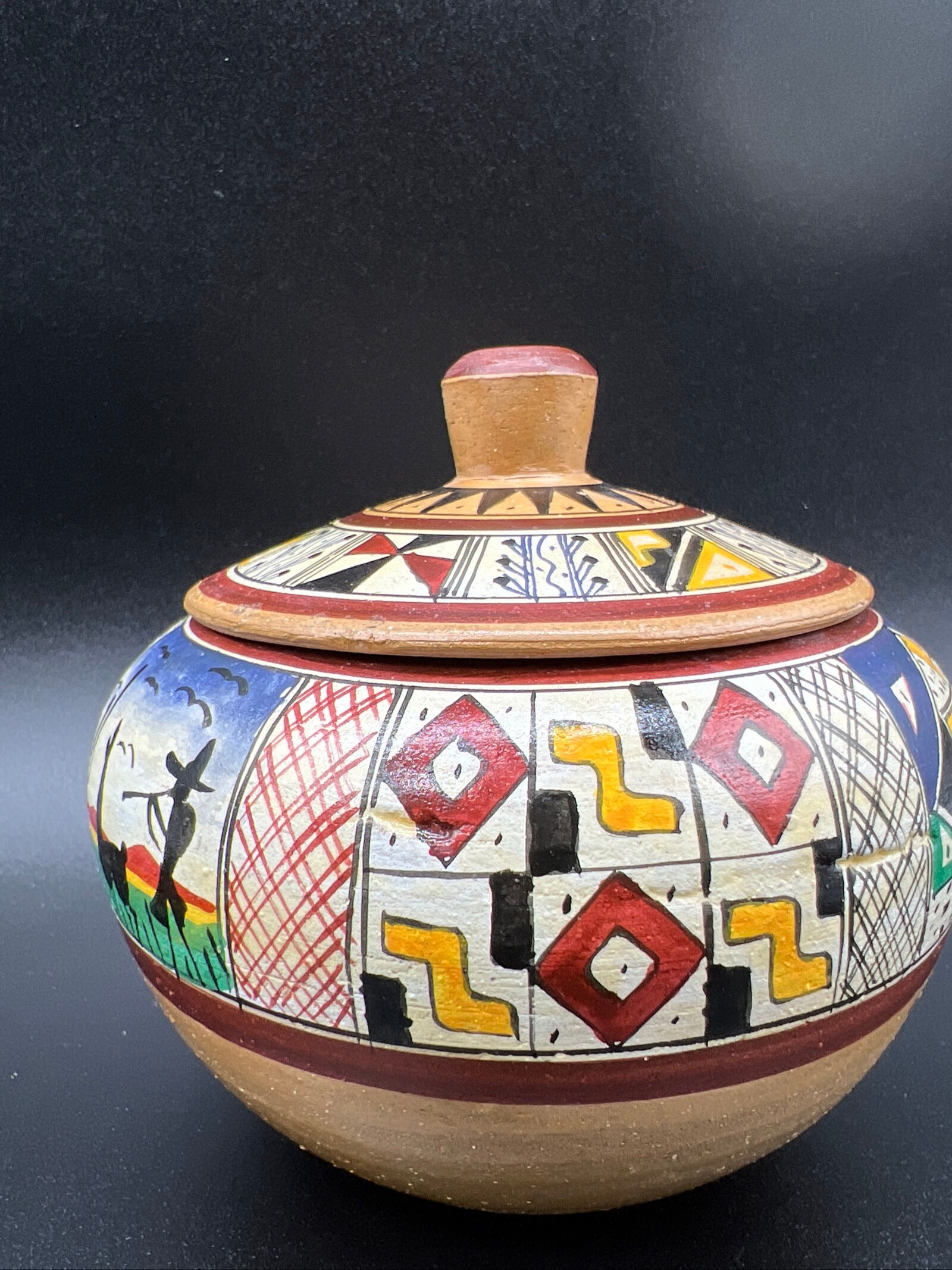 Peruvian Folk Art Red Clay Hand Paint Trinket Box Pot Farmer Plays ...