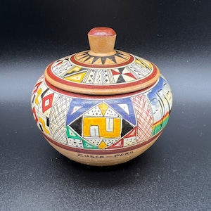 Peruvian Folk Art Red Clay Hand Paint Trinket Box Pot Farmer Plays ...