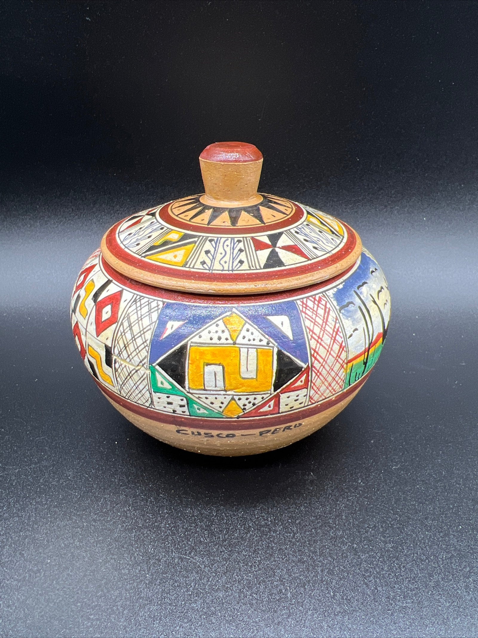 Peruvian Folk Art Red Clay Hand Paint Trinket Box Pot Farmer Plays ...