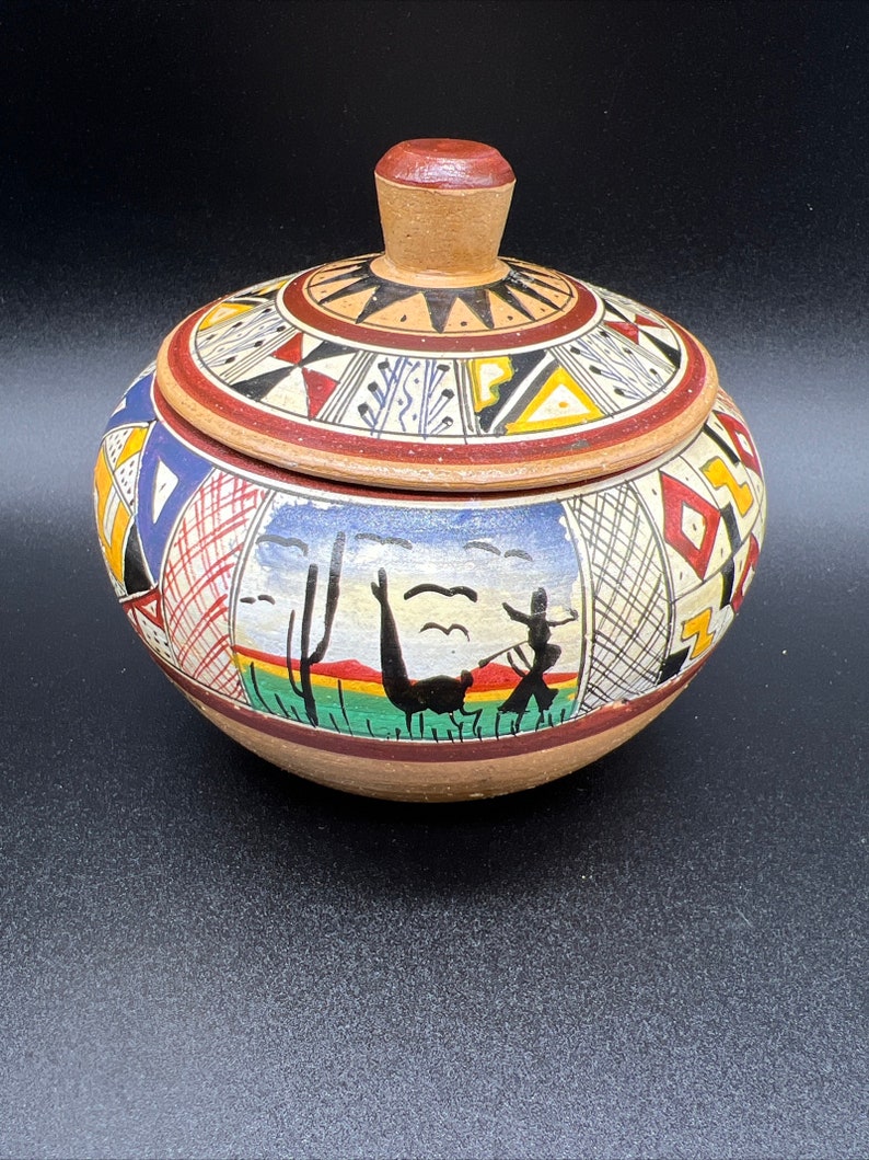 Peruvian Folk Art Red Clay Hand Paint Trinket Box Pot Farmer Plays ...