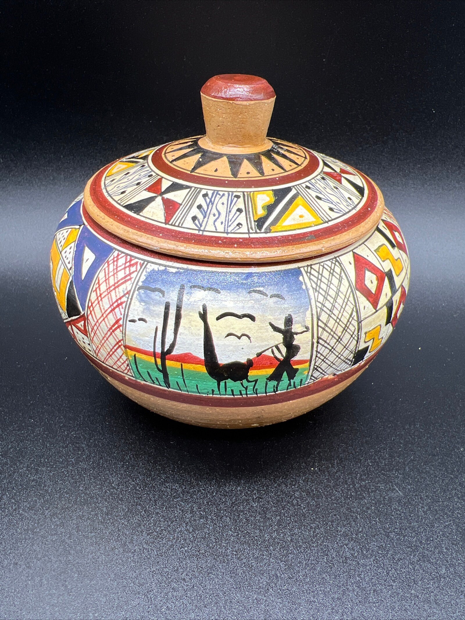 Peruvian Folk Art Red Clay Hand Paint Trinket Box Pot Farmer Plays ...