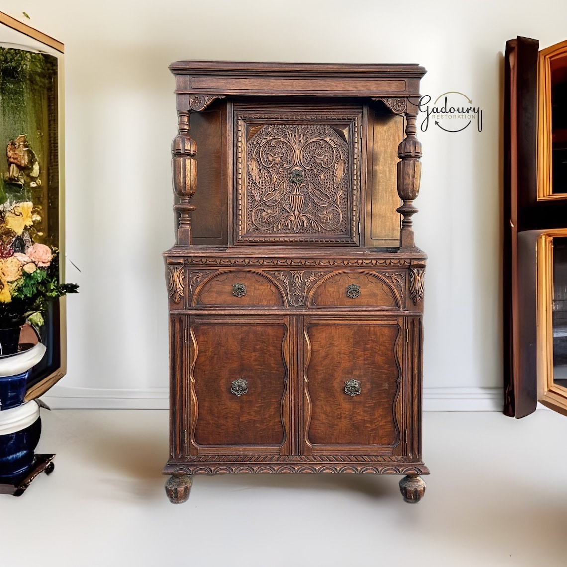 Antique Revival Jacobean Oak Vintage 1920 Gothic Victorian Hutch China ...