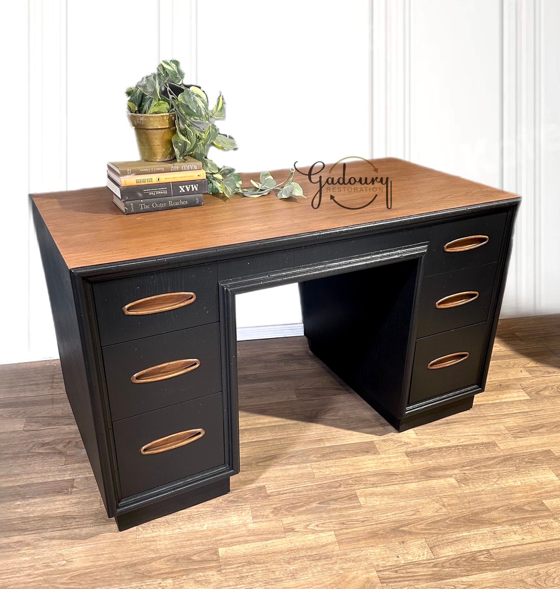 SOLD SOLD SOLD Mid Century Modern Solid Oak Wood Black Work Desk ...