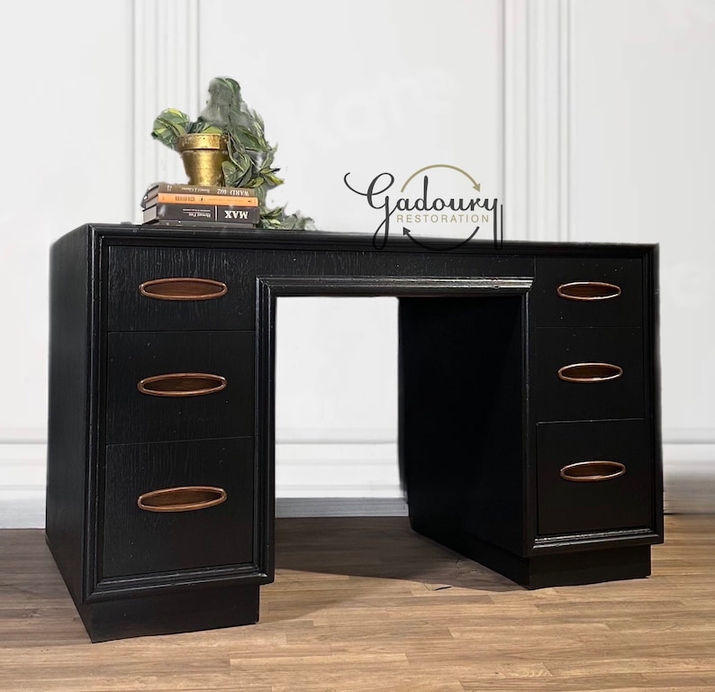 SOLD SOLD SOLD Mid Century Modern Solid Oak Wood Black Work Desk ...