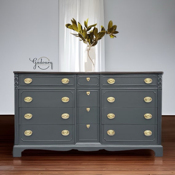 FREE SHIPPING Thomasville Modern 12 Drawer Grey Solid Wood Gold Dresser Tv Stand Campaign Etsy