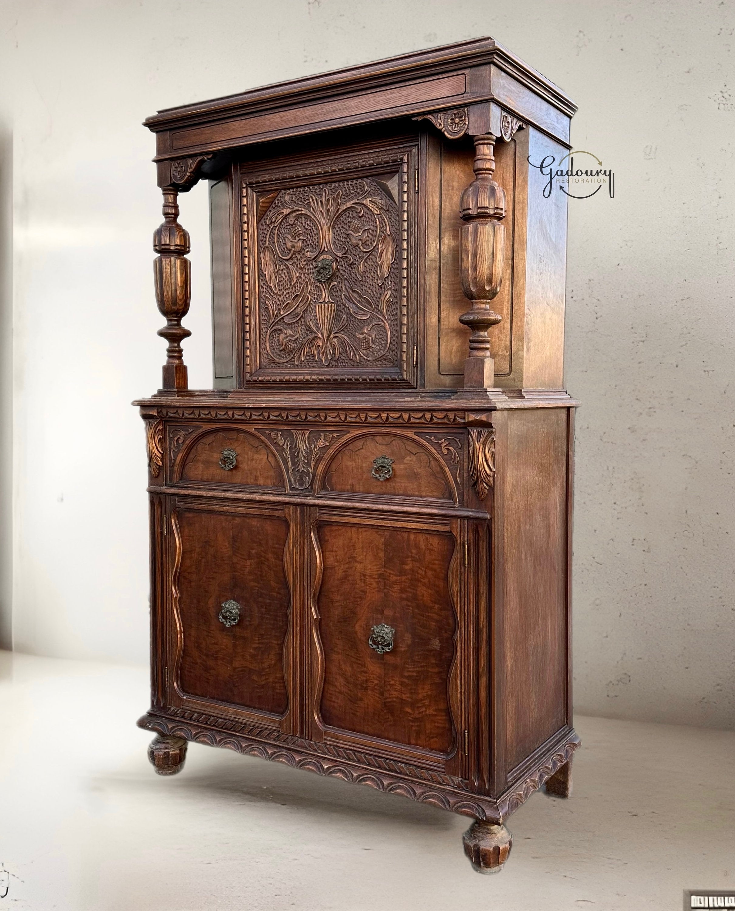 Antique Revival Jacobean Oak Vintage 1920 Gothic Victorian Hutch China ...