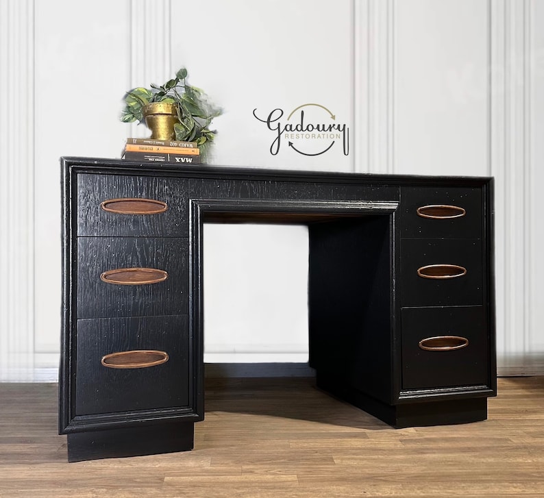 SOLD SOLD SOLD Mid Century Modern Solid Oak Wood Black Work Desk ...