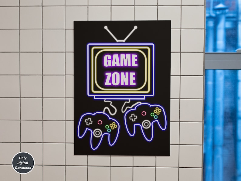 Digital Game Zone Poster, Printable Retro Gaming Wall Art, Neon Game ...