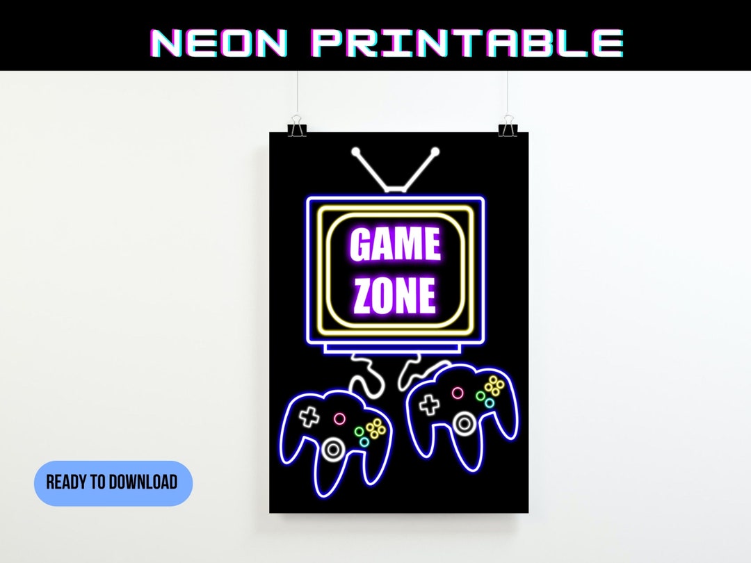 Digital Game Zone Poster, Printable Retro Gaming Wall Art, Neon Game ...