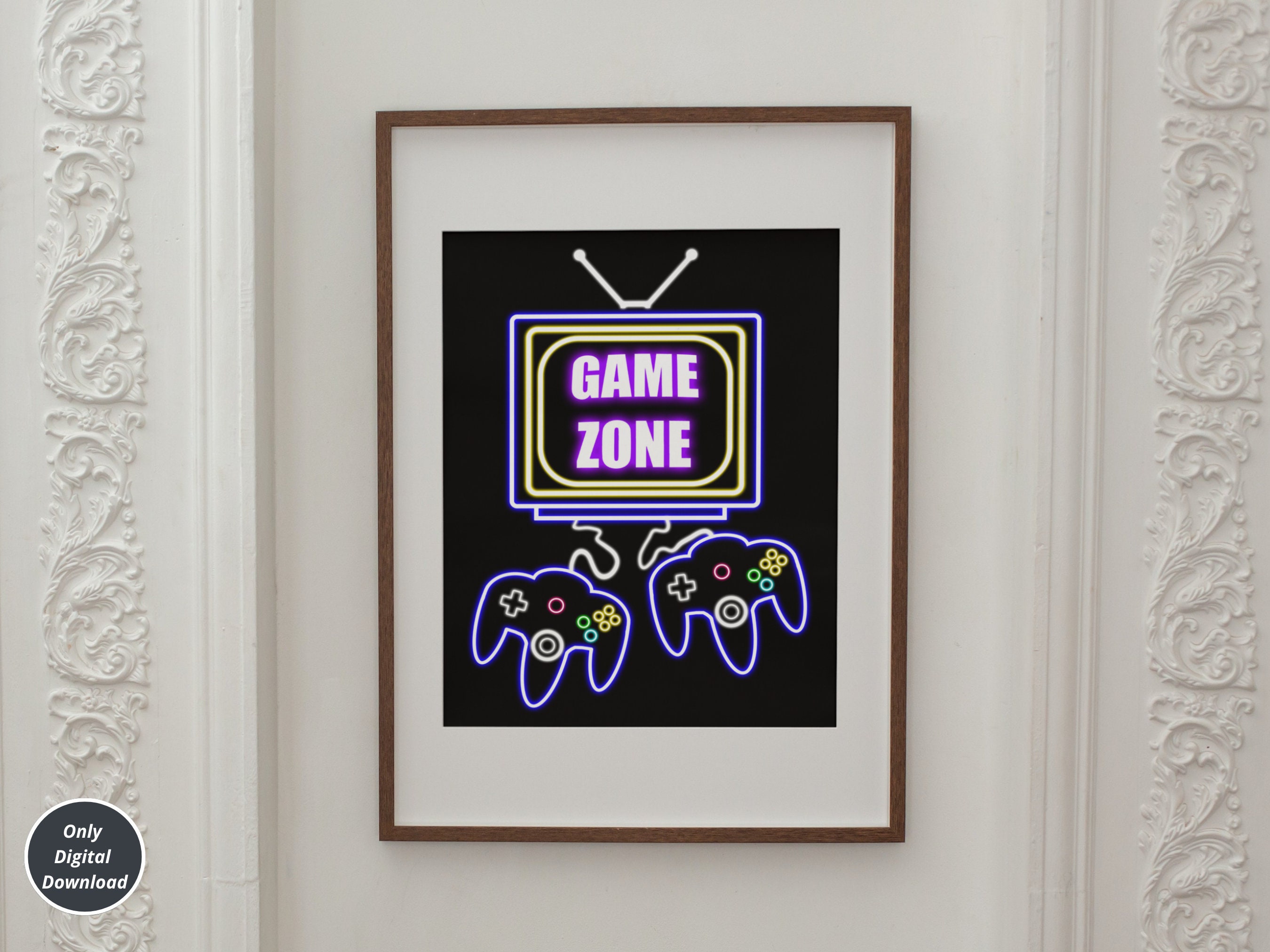 Digital Game Zone Poster, Printable Retro Gaming Wall Art, Neon Game ...