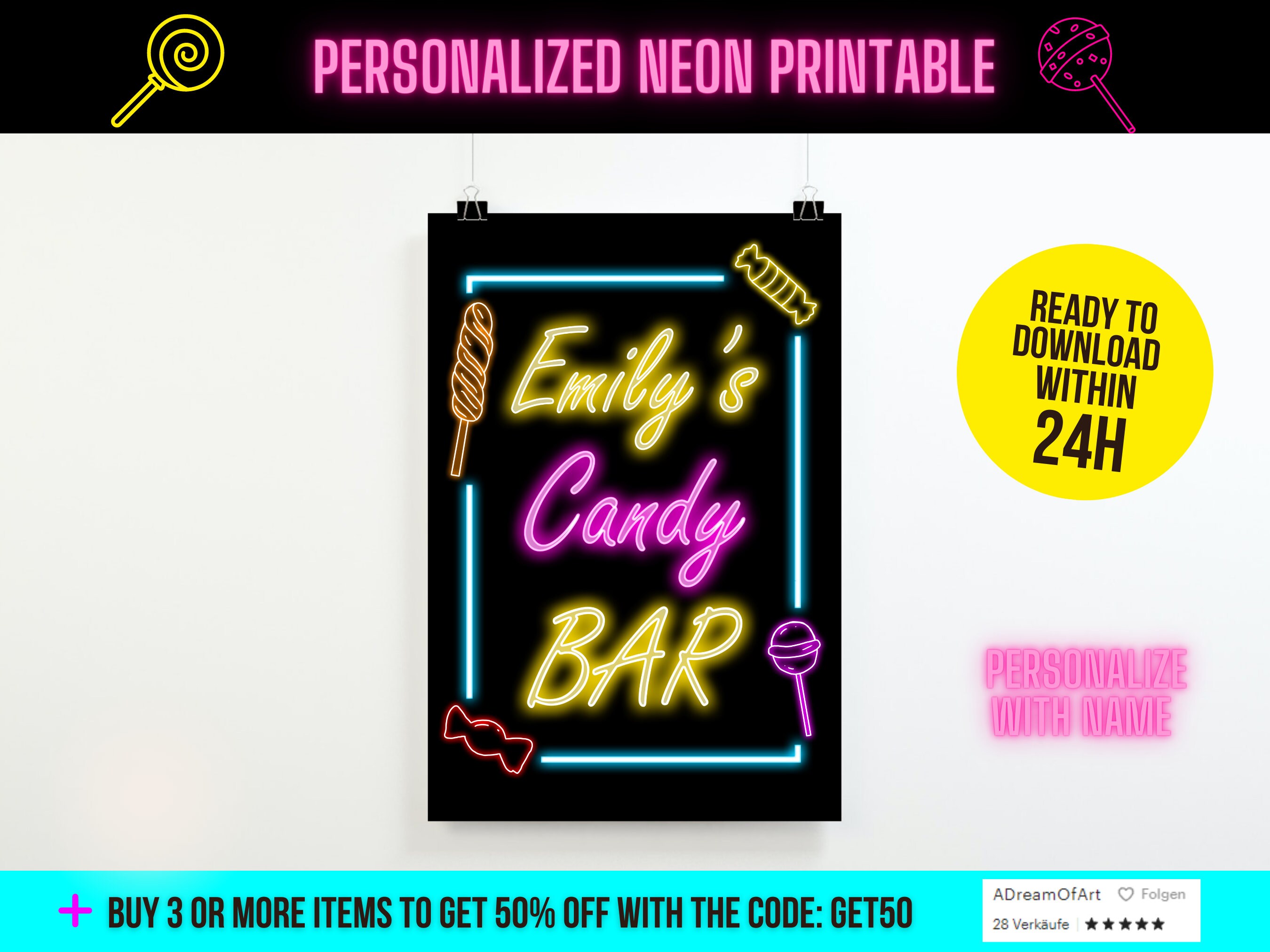Custom Candy Bar Poster, Custom Digital Neon Poster, Name's Candy Bar ...