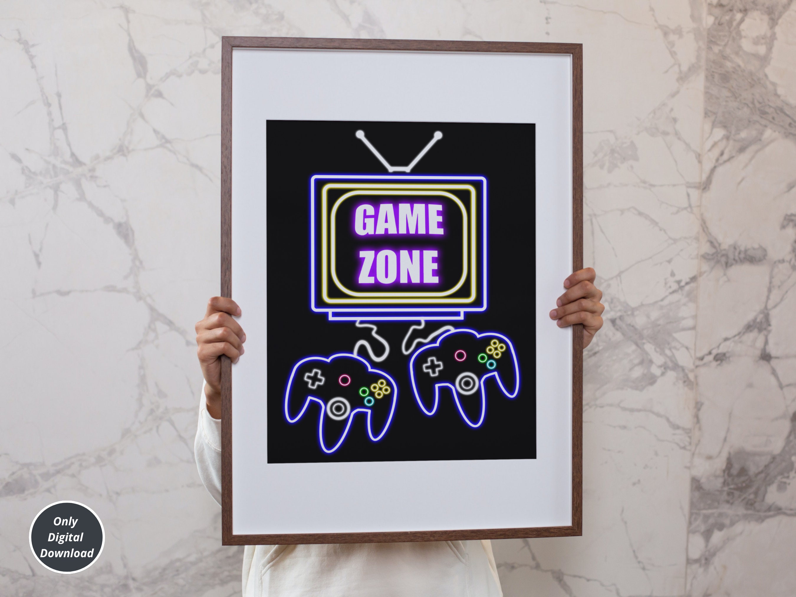 Digital Game Zone Poster, Printable Retro Gaming Wall Art, Neon Game ...