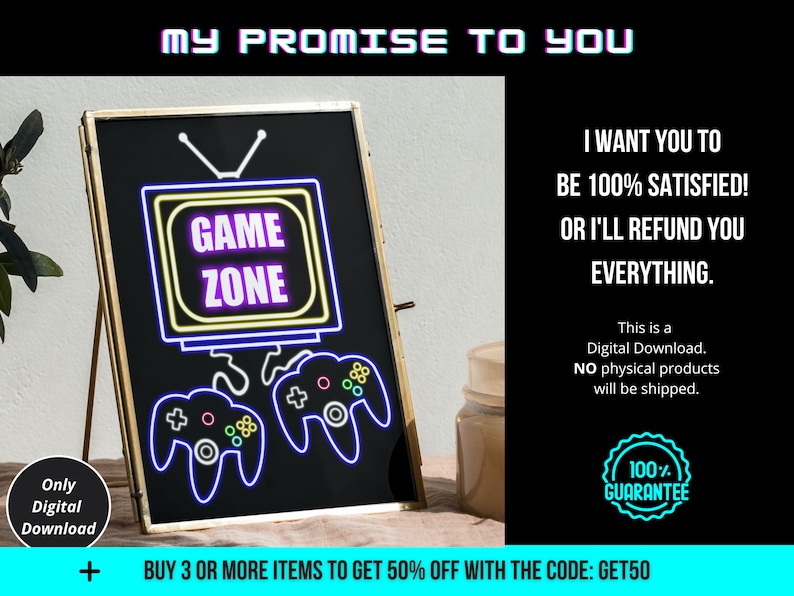 Digital Game Zone Poster, Printable Retro Gaming Wall Art, Neon Game ...