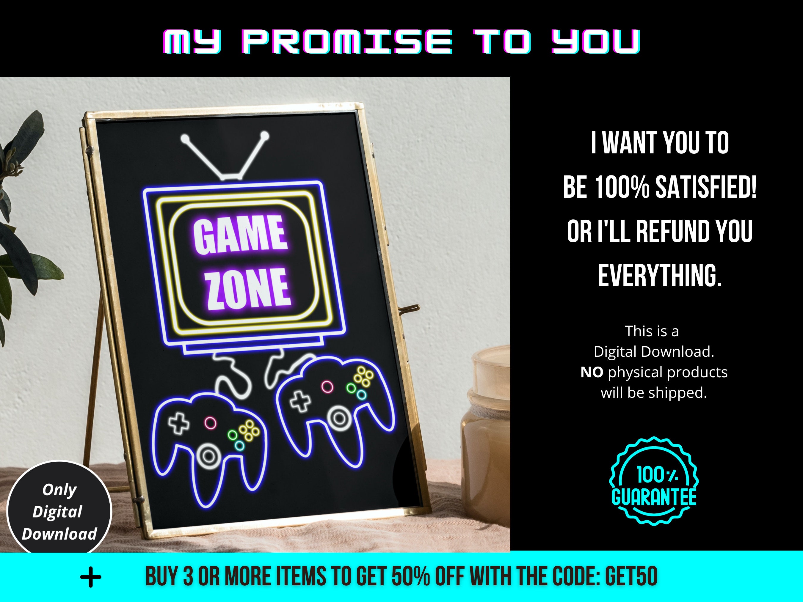 Digital Game Zone Poster, Printable Retro Gaming Wall Art, Neon Game ...