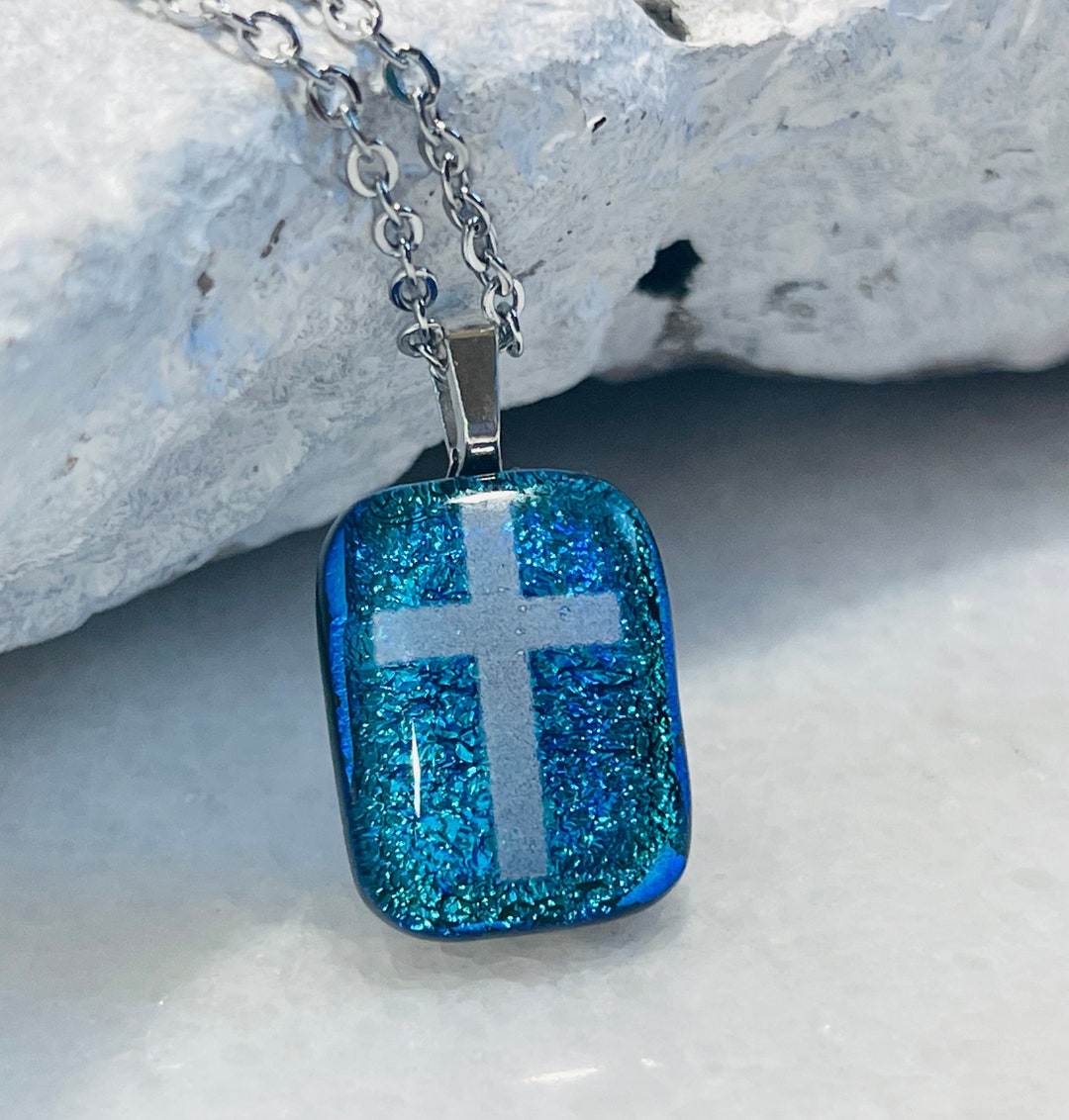 Dichroic Glass Cross Pendant, Fused Glass Christian Cross Necklace ...