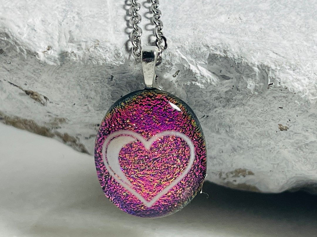 Pink Heart Dichroic Glass Pendant, Dichroic Pink Heart Glass Necklace ...