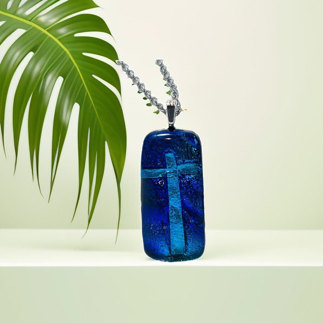 Dichroic Glass Cross Pendant, Fused Glass Christian Cross Necklace ...
