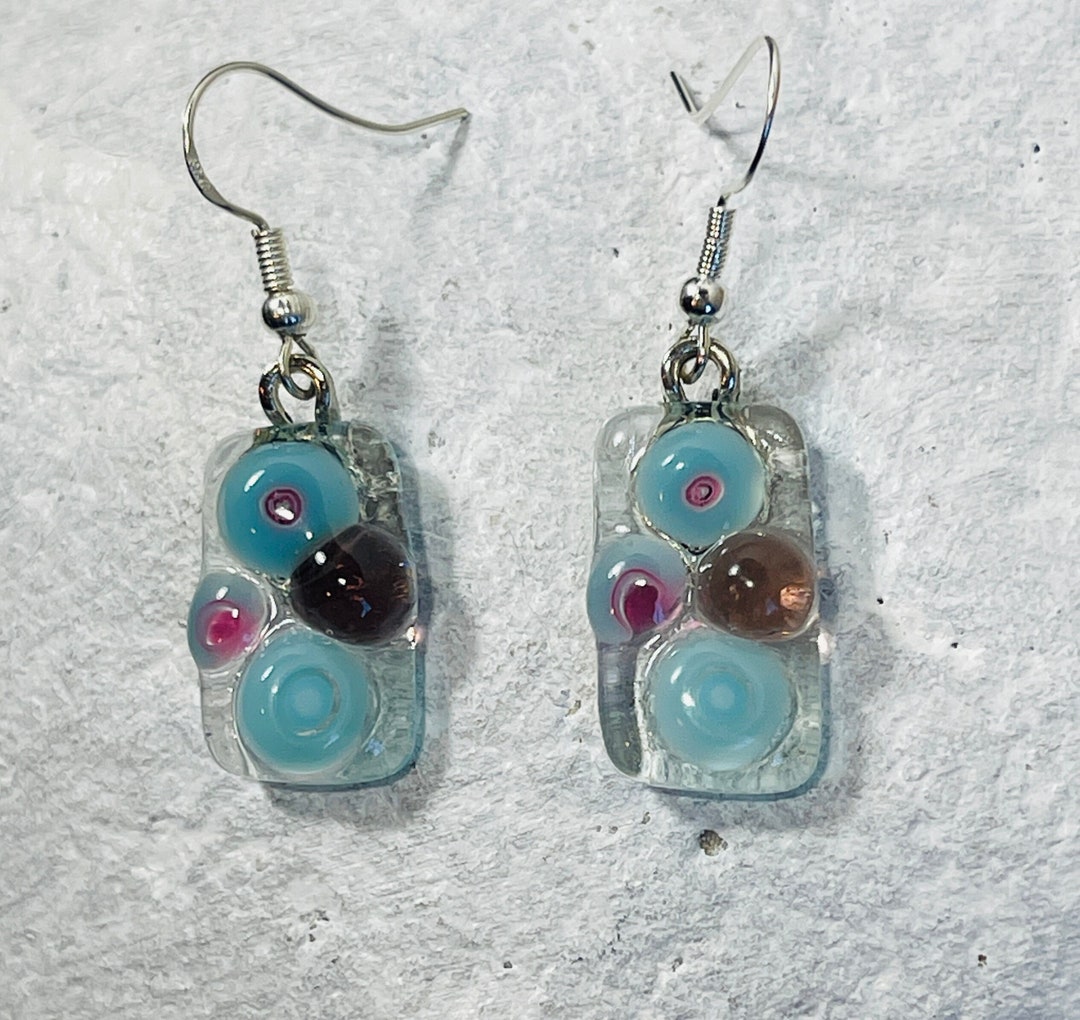 Fused Glass Murrini Millefiori Dangle Earrings, Sterling Silver Drop ...