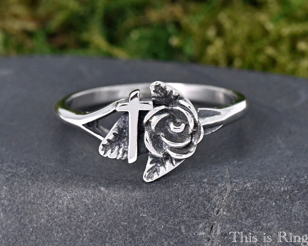 Vertical Cross & Rose Flower Ring Sterling Silver Ring - Etsy
