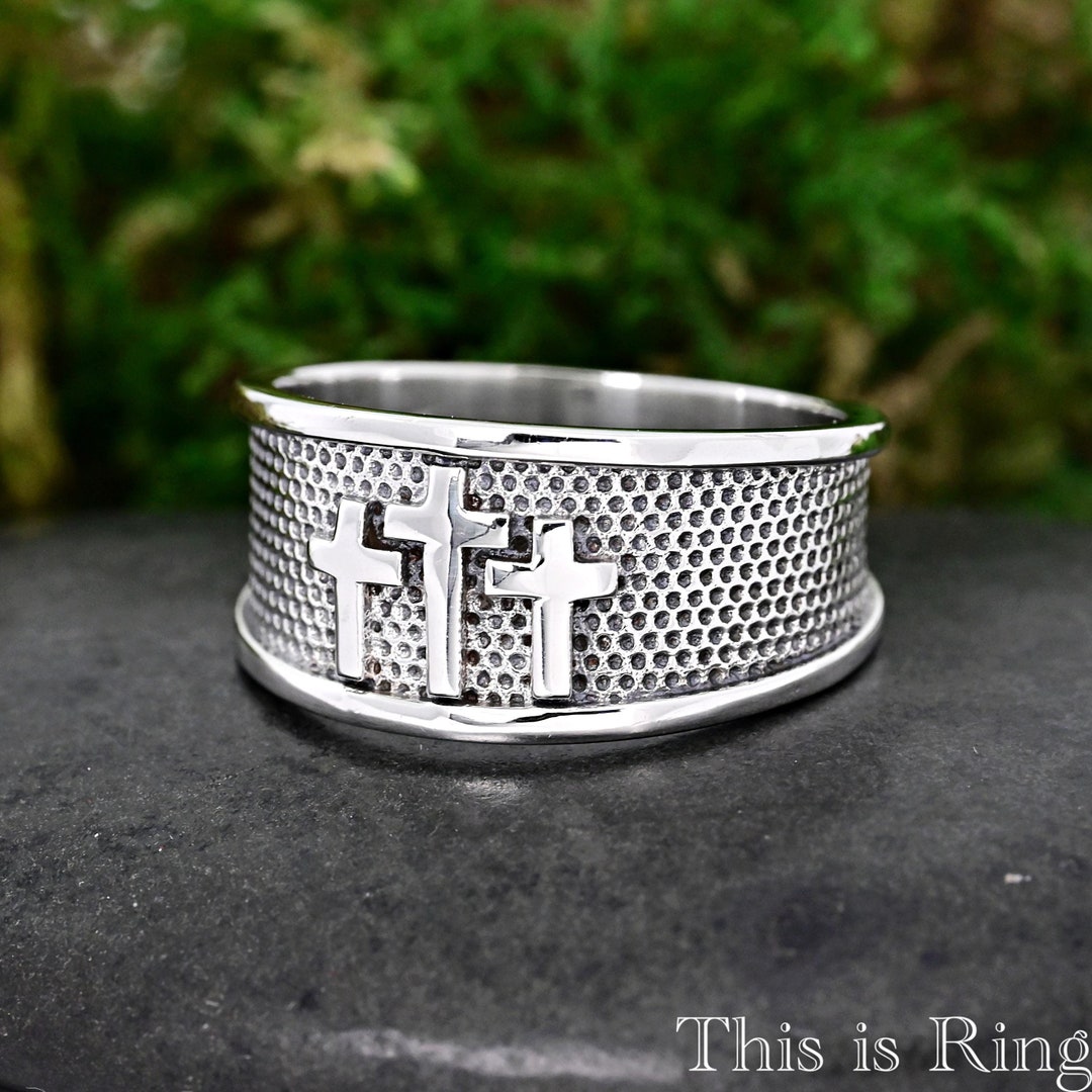 The Three Crosses Thick Ring Solid 925 Sterling Silver Ring Christians ...