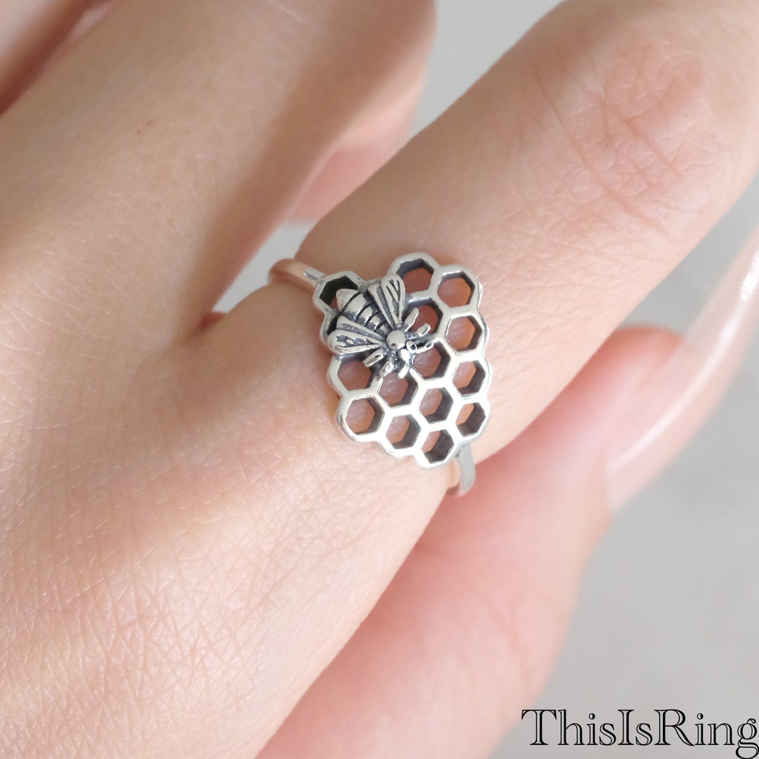 Honey Bee & Honeycomb Ring Bee Hive Ring Oxidized 925 - Etsy