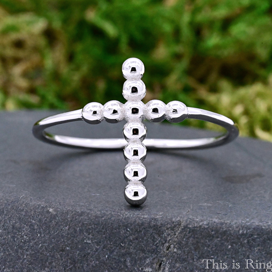Bead Ball Cross Silver Ring Solid 925 Sterling Silver Ball Vertical ...