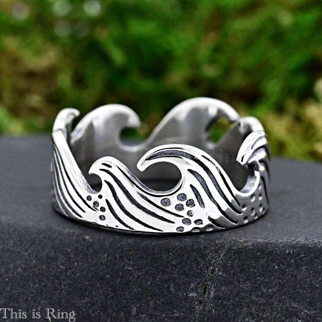 Oxidized Sterling Silver High and Low Ocean Waves Bubbles Ring Nautical ...