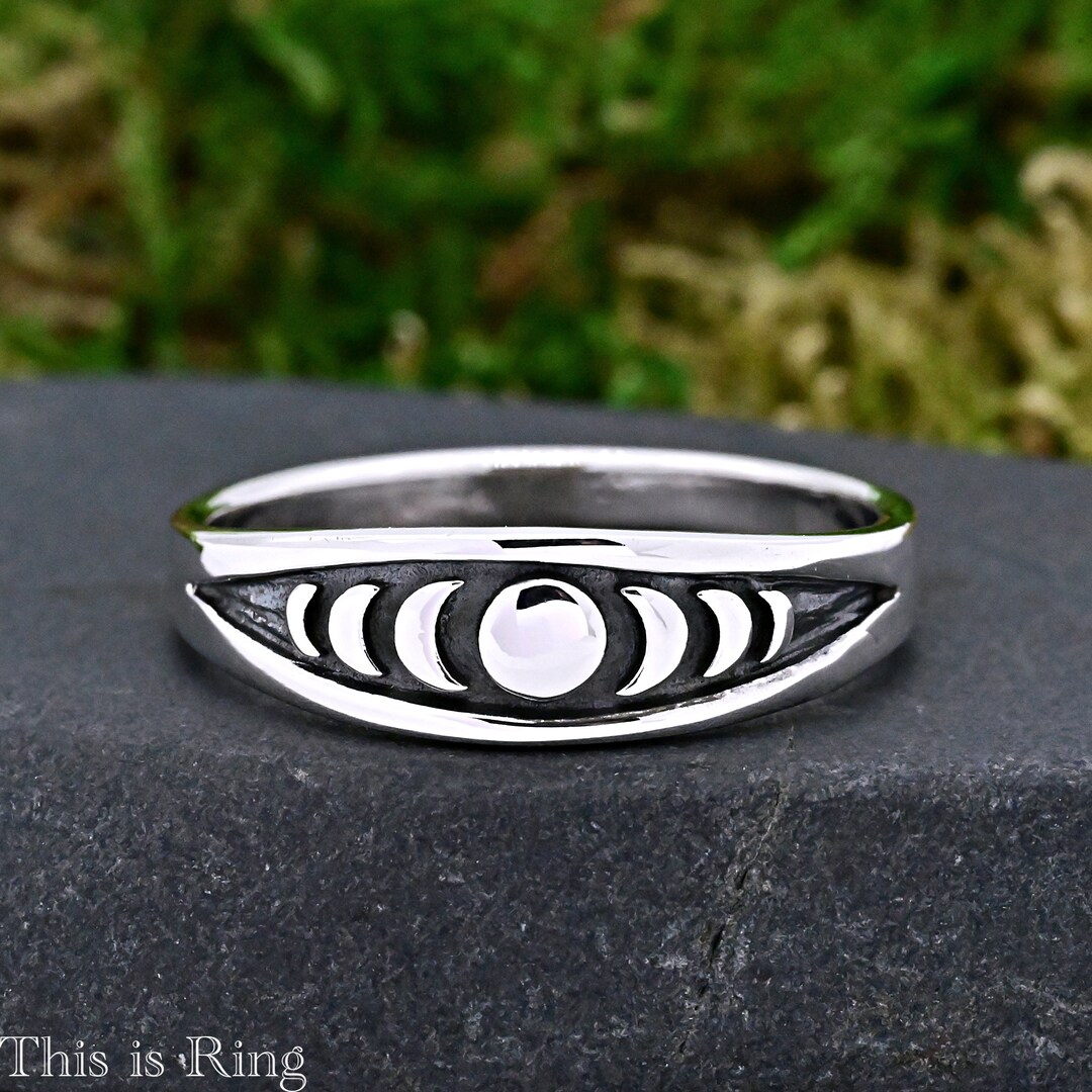 Moon Phases Ring Unique Luna Phases Carved Vintage Style Oxidized 925 ...