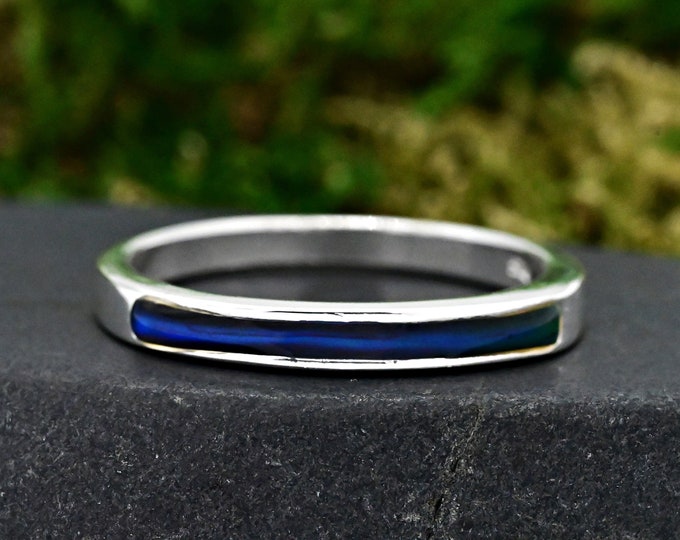 2.5mm Thin Mood Stone Bar Inlay Simple Ring 925 Sterling Silver Changing Mood Ring Gift for Her ...