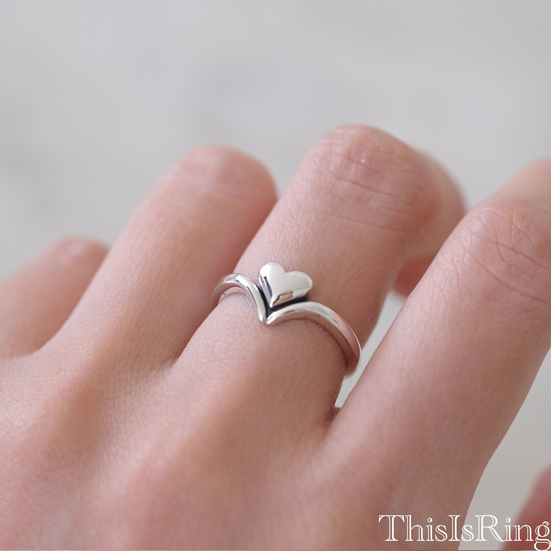 V Shape Chevron Heart Ring • Solid 925 Sterling Silver Wishbone Heart ...