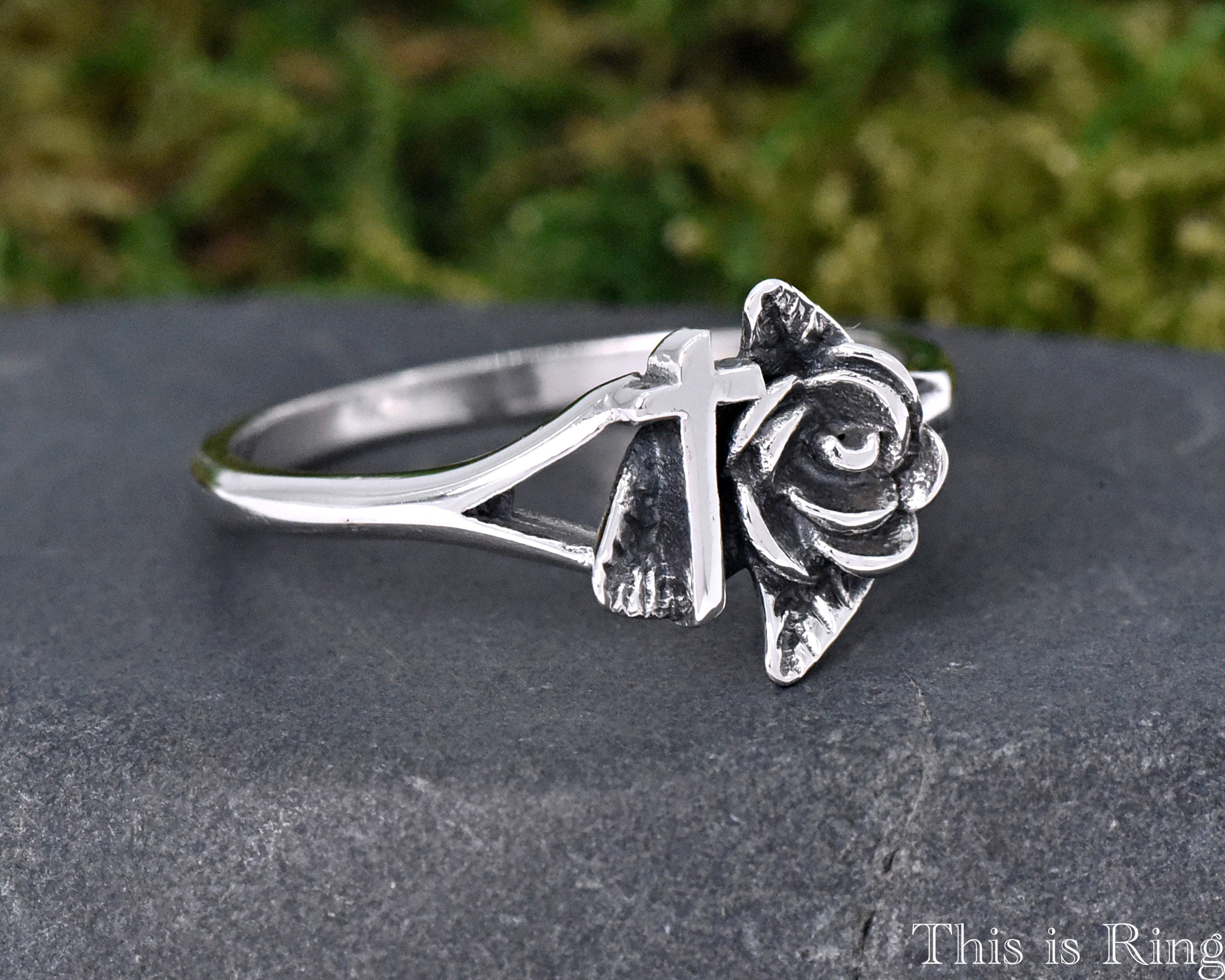 Vertical Cross & Rose Flower Ring Sterling Silver Ring - Etsy
