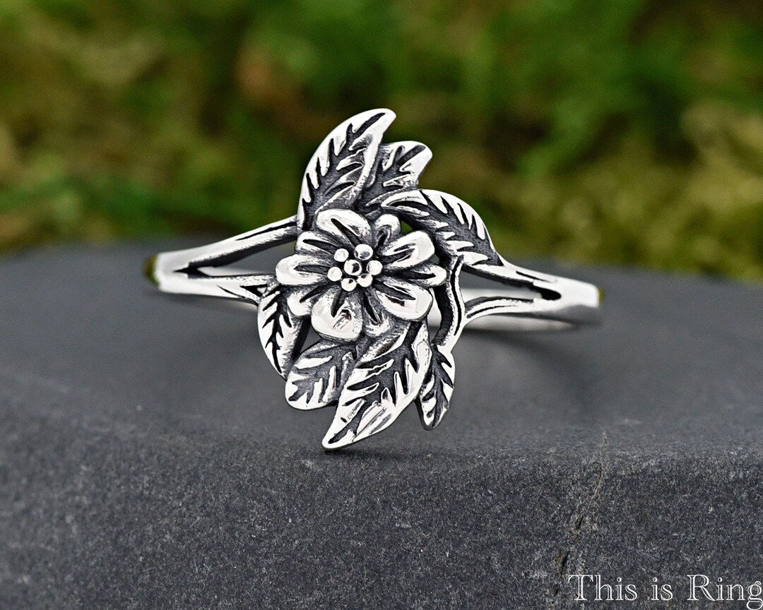 Flower With Leaves Ring Vintage Style Solid 925 Sterling Sliver Flower ...