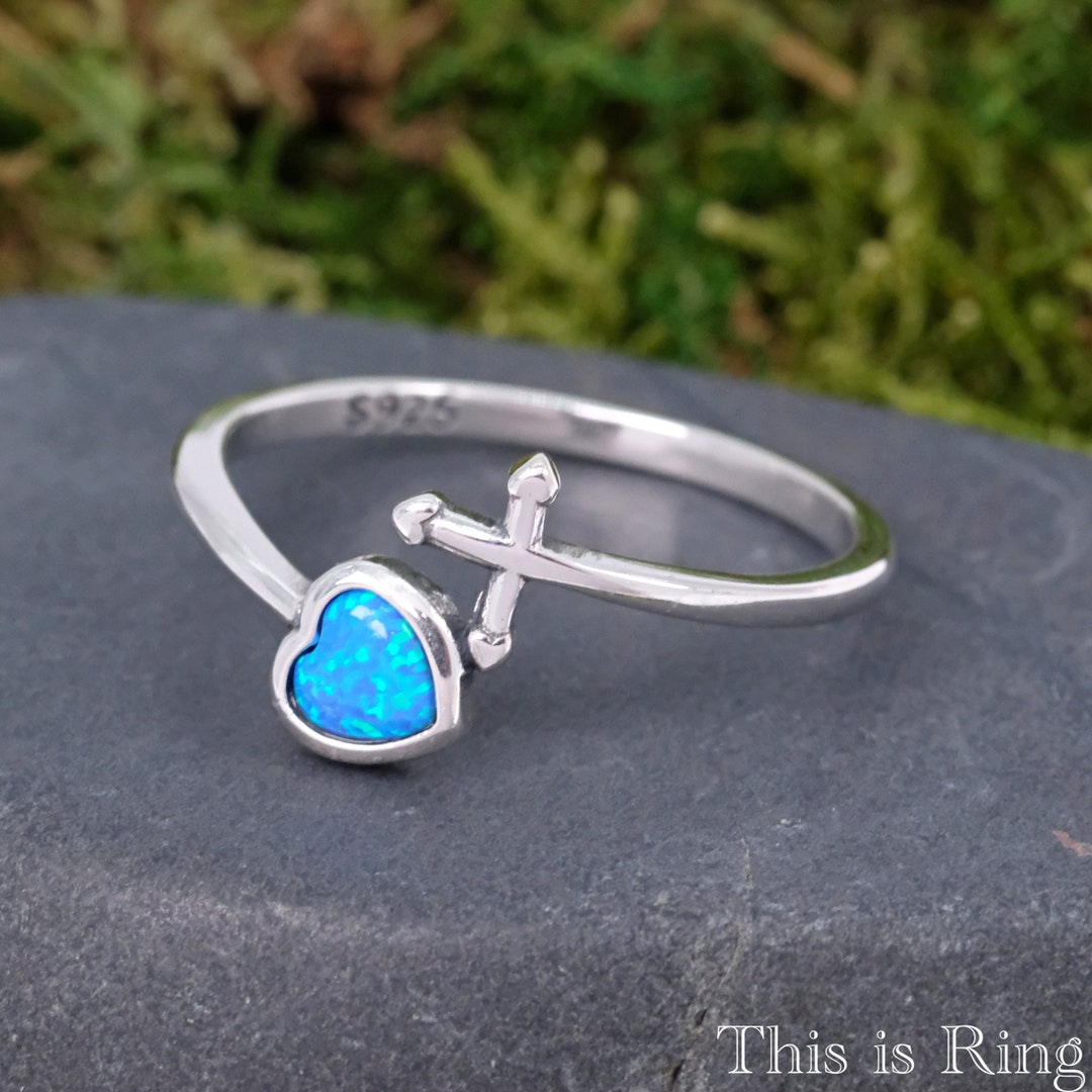 Blue Heart Opal & Cross Wraparound Ring Sterling Silver Simulated Lab ...