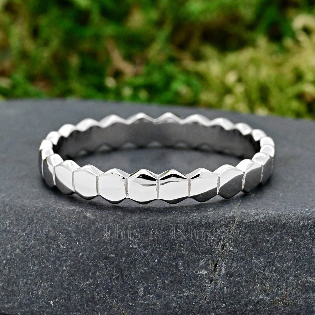 Hexagon Pattern Eternity Ring Solid 925 Sterling Silver Simple Plain ...