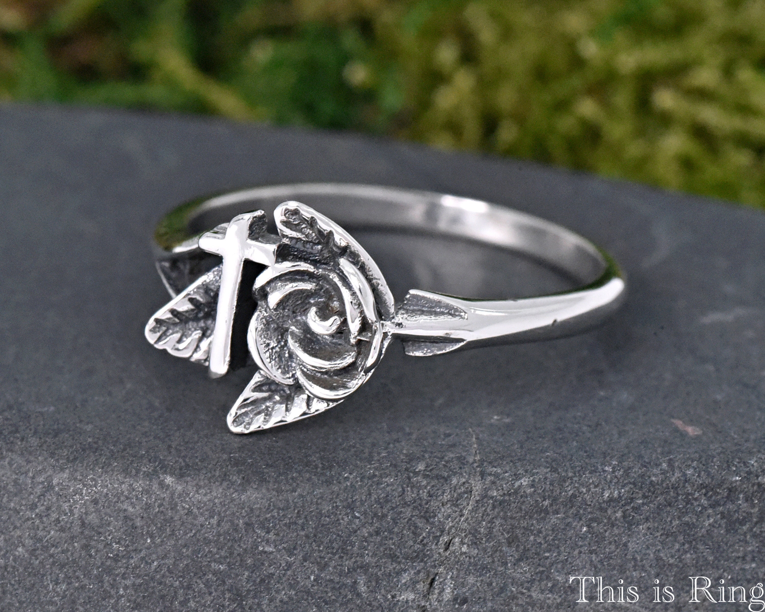 Vertical Cross & Rose Flower Ring Sterling Silver Ring - Etsy