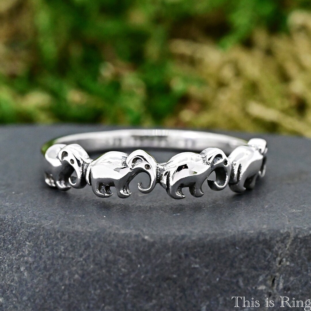 Marching Elephant Parade Half Eternity Ring Oxidized Solid 925 Sterling ...