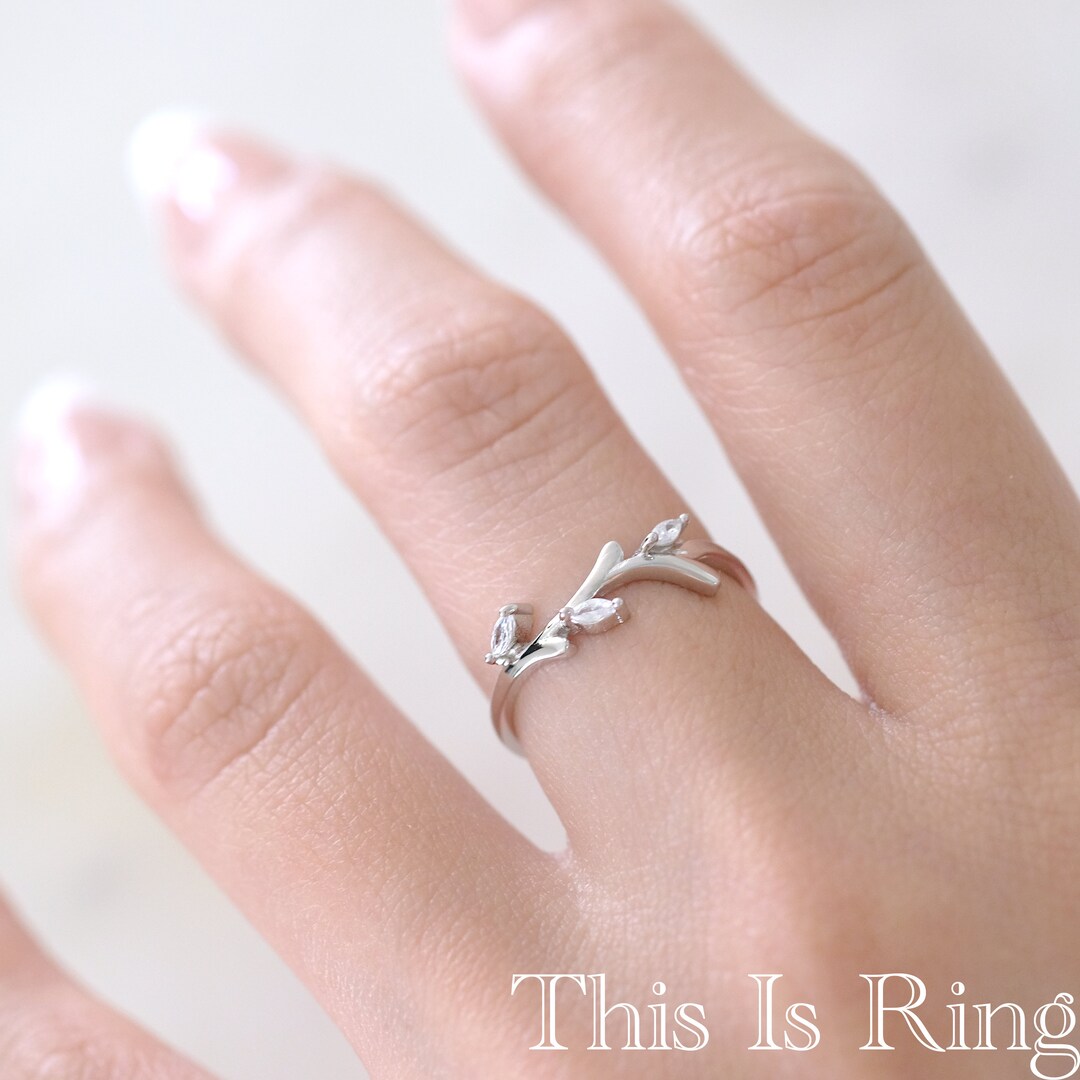 Dainty Branch Vine With Oval Cubic Zirconia Leaf Ring • Solid 925 ...